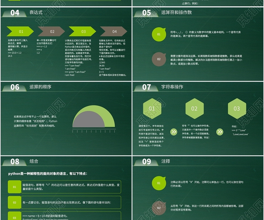 绿色小清新扁平黑板风格python基础教育老师授课pythonppt模板下载 觅知网 9499